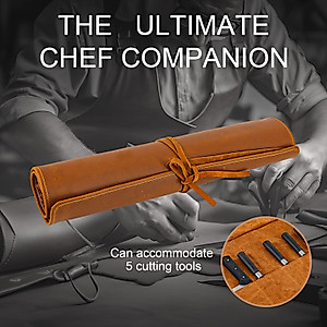 Genuine Leather Knife Roll, Knife Bags for Chefs Professional, Small Chef'S Knife Case Holder,Knives Holders Protectors with 5 Slots,Portable Chef Knife Bag Chef Knife Roll Case Storage Pouch