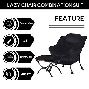 LITA Lazy Chair with Ottoman, Modern Accent Leisure Upholstered Sofa Chair, Lounge Reading Chair with Armrests and a Side Pocket for Living Room, Bedroom & Small Space, Plush Black