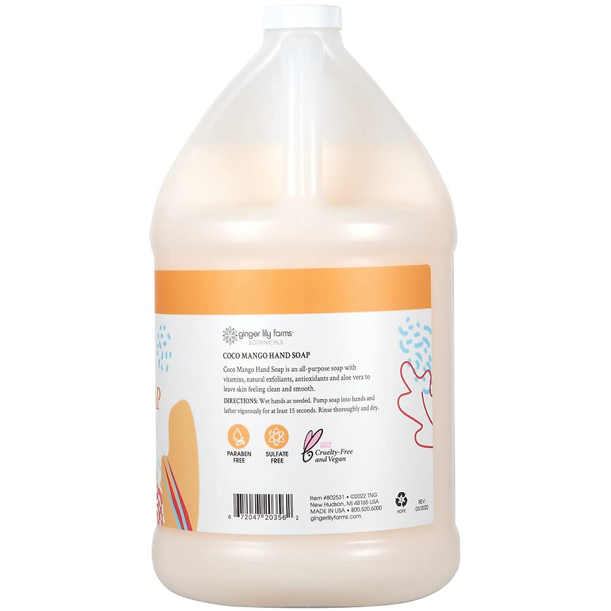 Ginger Lily Farms Botanicals All-Purpose Liquid Hand Soap Refill, Coco Mango, 100% Vegan & Cruelty-Free, Coconut Mango Scent, 1 Gallon (128 fl oz)