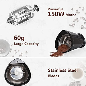 Coffee Grinder Electric, 60g/2oz Large Capacity, Aigostar Coffee Bean Grinder Spice Grinder with One Touch Operation, Cleaning Brush Included, Black