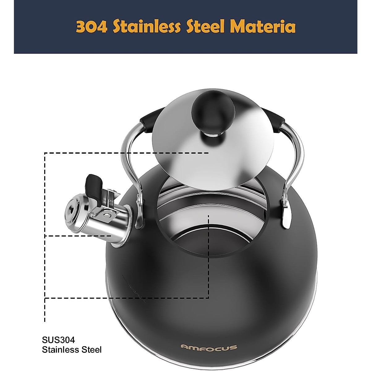 AMFOCUS Tea Kettle, 2 Quart Stainless Steel Whistling Tea Kettle, Stovetop Whistling Teakettle Tea Pots for Stove Top with Ergonomic Folding Handle, Small Teapot, Water boiler for Tea, Coffee (Black)