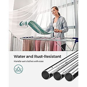 SONGMICS Clothes Drying Rack, with Bonus Sock Clips, Stainless Steel Gullwing Space-Saving Laundry Rack, Foldable for Easy Storage, Silver