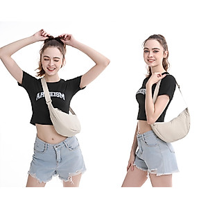 Nylon Crescent Crossbody Bag for Women Men Fanny Pack Crossbody Bag Dumpling Lightweight Travel Sling Bag (02-beige)