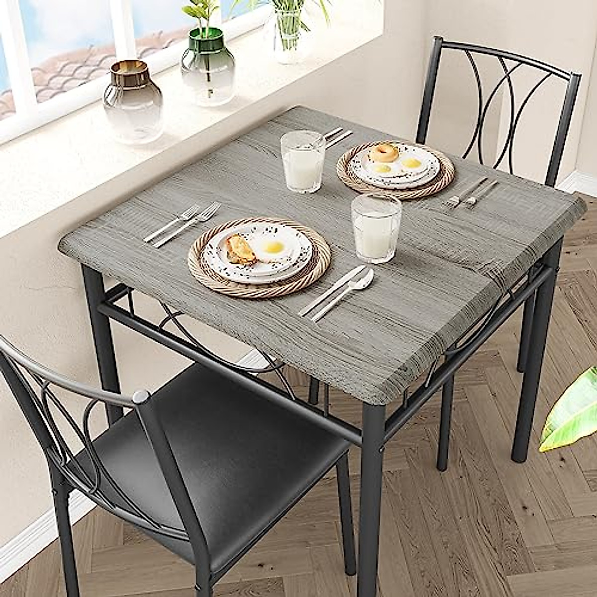IDEALHOUSE 3 Piece Kitchen Table Set, Dining Table and Chairs for 2, Metal and Wood Square Dining Room Table Set with 2 Upholstered Chairs, Dining Table Set for Small Spaces, Apartment, Rustic Gray