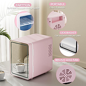 SPECILITE Mini Fridge for Skin Care, Portable Beauty Fridge with Mirror and LED Lighting (4 Liter/6 Can) Cooler and Warmer, Personal AC/DC Refrigerator for Skincare, Makeup, Beverage, Office, Bedroom (Pink)