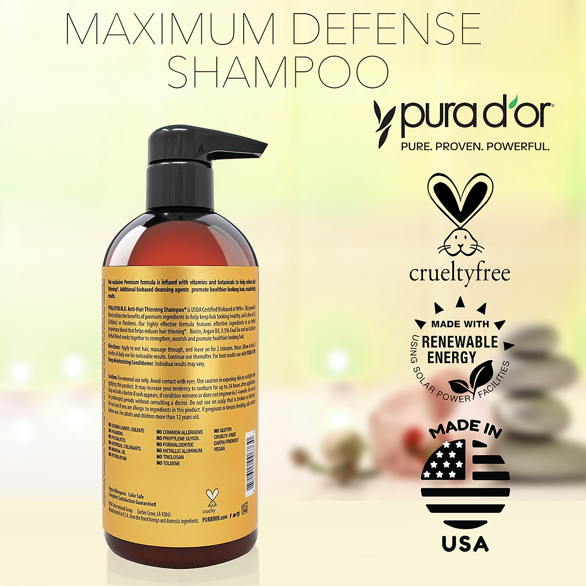 PURA D'OR 16 Oz MD Anti-Hair Thinning Maximum Defense Shampoo - 0.5% Coal Tar, Biotin, 19+ DHT Herbal Blend For Dry & Itchy Scalp, No Sulfates - For Men & Women