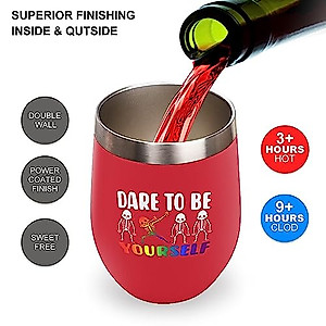 Mighun Dare To Be Yourself Rainbow Skull Wine Tumbler with Lid, LGBT Pride Gay Lesbian Vacuum Coffee Tumbler, Gay Pride Stemless Insulated Wine Glasses Cup for Champaign, Cocktail, Beer