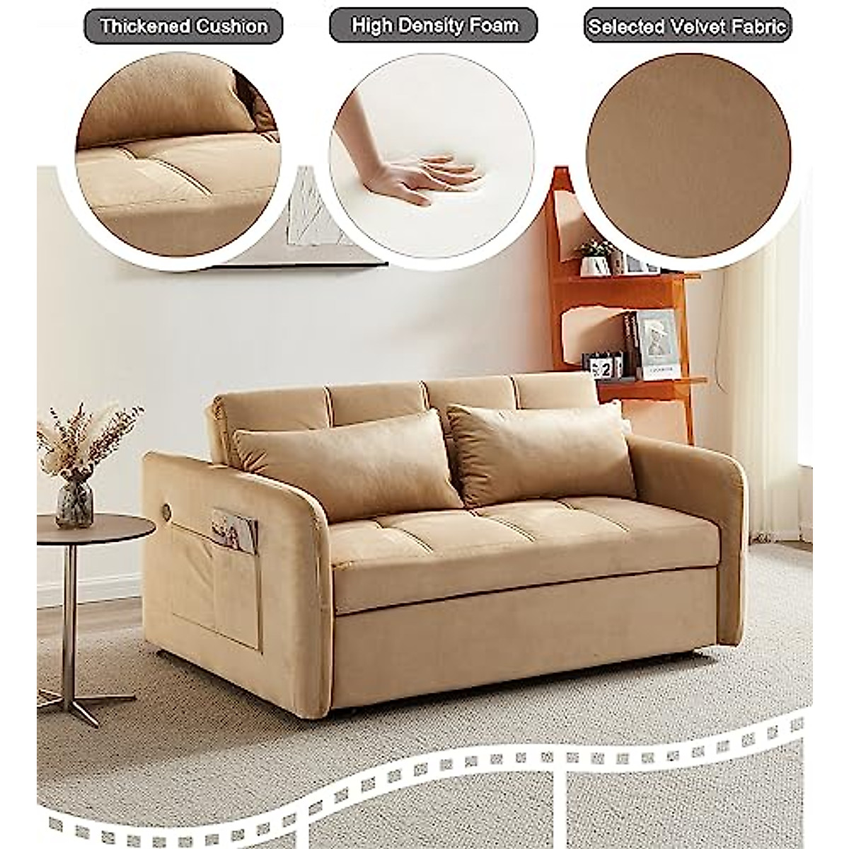 Velvet Pull Out Sleeper Sofa, Convertible Futon Sofa Bed with USB Port, Modern Pullout Couch with Pillows and Pockets, Upholstered Small Loveseat for Living Room, Guest Room (Khaki)