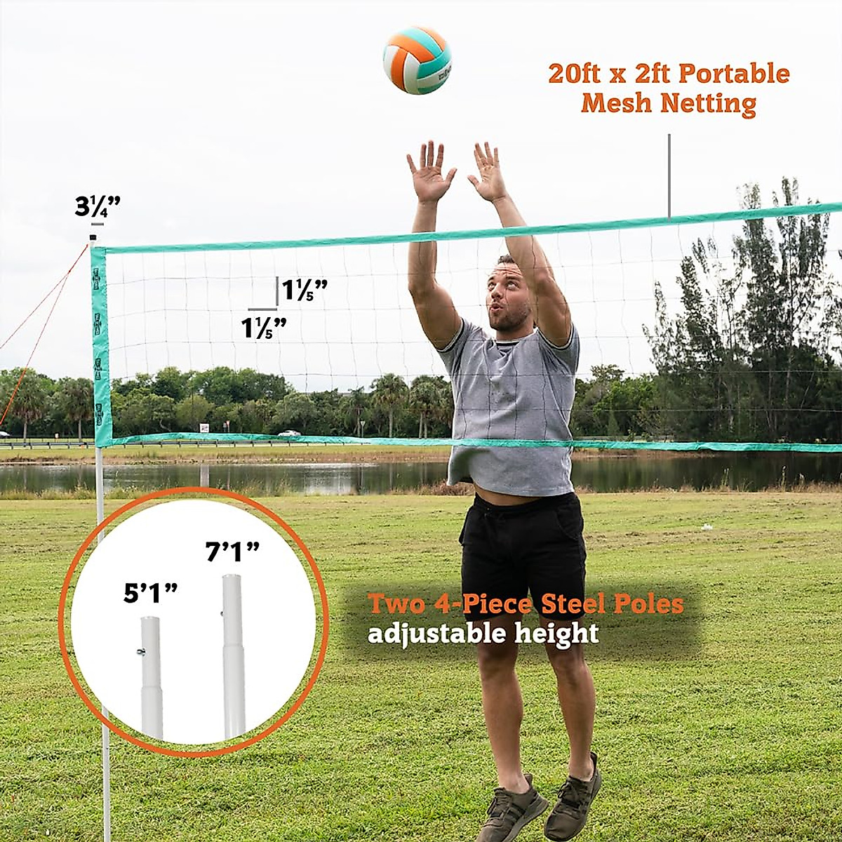 Hall of Games 20-ft Outdoor Volleyball and Badminton Net with Carrying Bag Accessories Set and Adjustable Steel Poles Perfect for Backyards