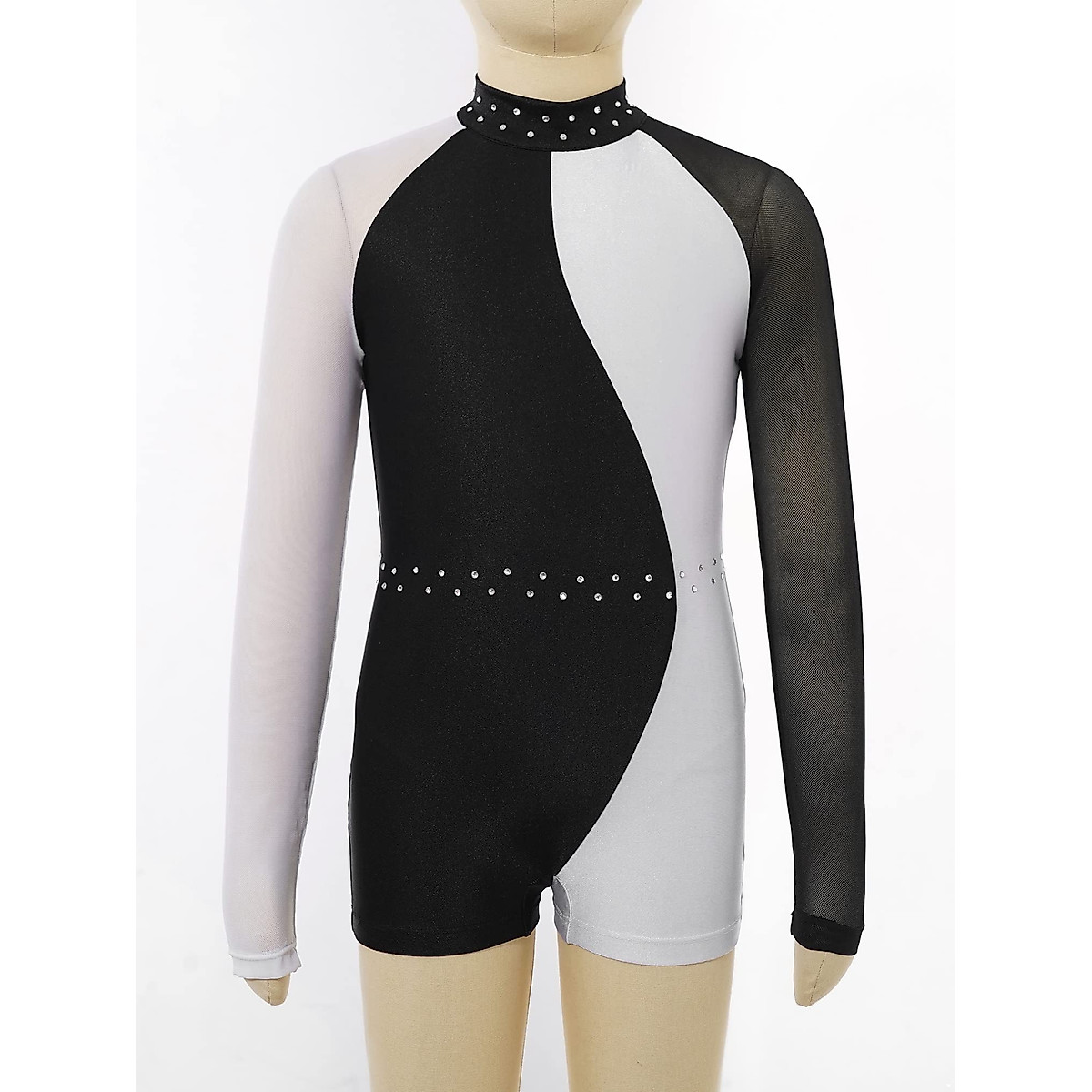 FEESHOW Leotards for Girls Gymnastics Children Long Sleeve Zipper Back Biketard Unitard Jumpsuit with Shorts Black&White 14 Years