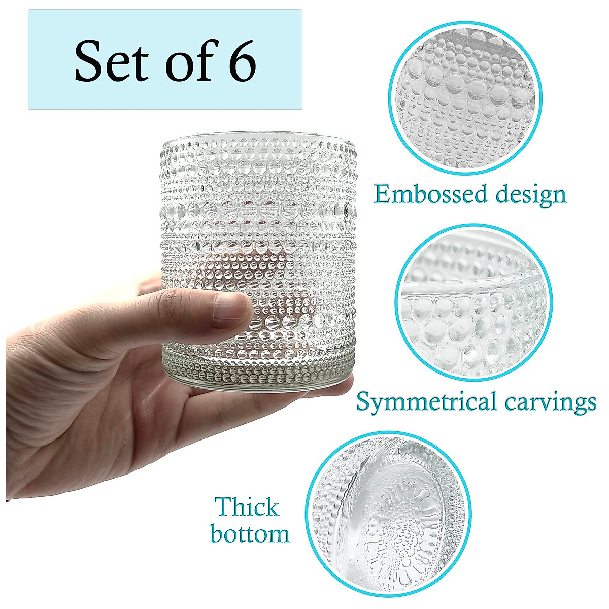Cheardia 6 Pack Drinking Glasses, 13 oz Vintage Hobnail Beaded Drinking Glasses Embossed Water Glassware Set, Clear Bubble Cups Great Hostess Gift for Beverages, Water, Juice, Beer, Cocktail