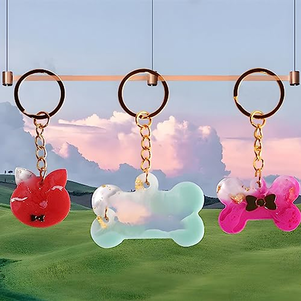 KuuGuu 2 PCS Pet Tag Resin Mold Silicone, Dog Tag Molds for Resin, Bone Shape Resin Keychain Molds with 10Pcs Key Ring, DIY Resin Keychain Pendant Charm Crafts