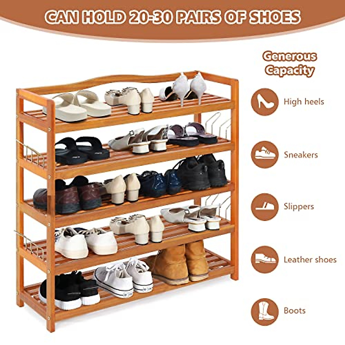 Giantex 5-Tier Shoe Rack, Acacia Wood Shoe Shelf with Side Metal Hooks, Holds up 12-18 Pairs, Shoe Organizer, Shoe Storage, Wooden Shoe Rack for Entryway, 33’’Lx10.5’’Wx32.5’’H