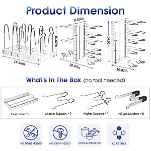 G-TING Pot Rack Organizers, 8 Tiers Pots and Pans Organizer for Kitchen Organization & Storage, Adjustable Pot Lid Holders & Pan Rack, Lid Organizer for Pots and Pans with 3 DIY Methods(Silver)