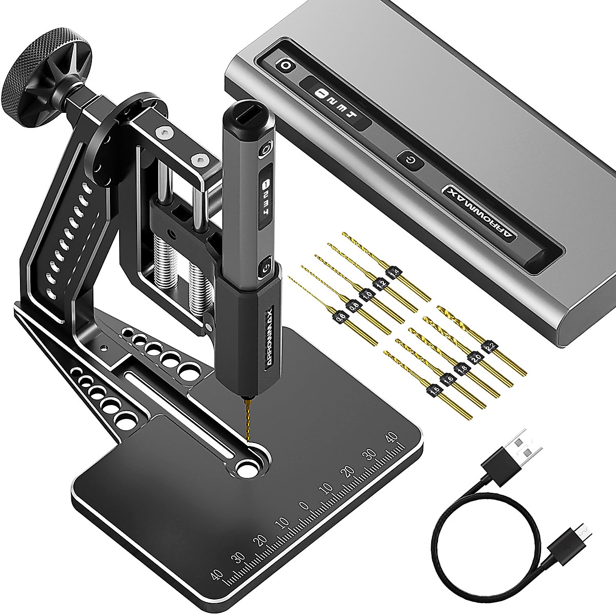 AM ARROWMAX 4-Speed Electric Mini Drill Pen with Hedgehog Benchtop Press & Electric Cordless Rotary Tool, 10 Small Drill Bits with Aluminium Box, OLED Display, LED Lights, 3/32-Inch Keyless Chuck