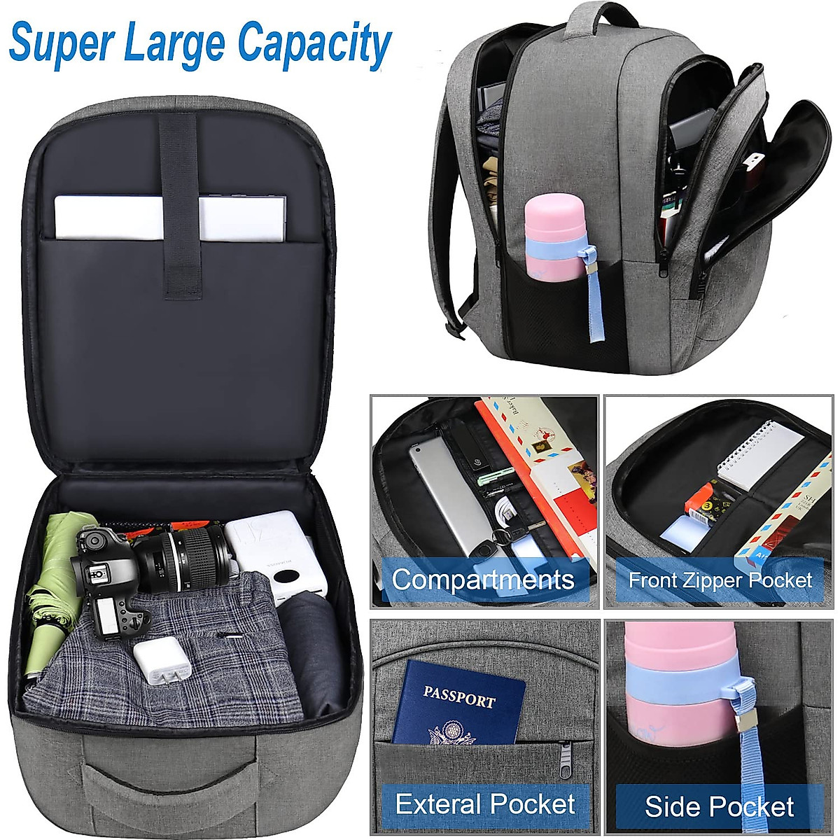 Naukay Carry on Backpack, Travel Laptop Backpack, TSA 17.3 Inch Extra Large Laptop Backpack for Women Men, Water Resistant Business Backpack Backpack with USB Charging Port, Grey