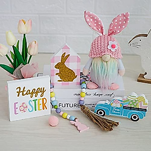 Easter Decorations, 5Pcs Easter Gnome Tiered Tray Decor, 3 Glitter Easter Wood Signs, Truck Full of Eggs, Easter Bunny Gnome Plush, Spring Easter Bead Garland,Rustic Farmhouse Spring Easter Decor