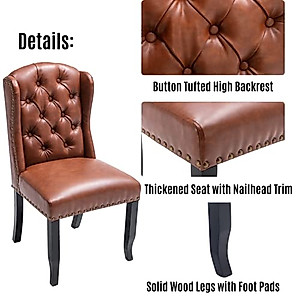 LukeAlon Classic PU Leather Dining Chairs Set of 2, Upholstered Button Tufted Dining Room Side Chairs with Solid Wood Legs Elegant High Back Dinner Chair with Nailhead Trim for Home Kitchen, Brown