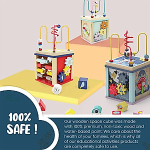 LEO & FRIENDS Benny Toddler Wooden Activity Cube, 6-Piece Educational Play Set and Puzzle | Baby Toy with Bead Maze for Boys and Girls | Endless Activity Options, Perfect Birthday Present