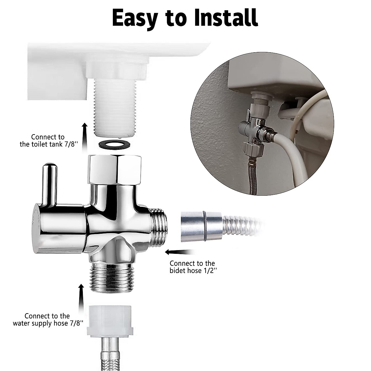 Bidet T Adapter with Shut-Off Valve, Brass T Valve Adapter for Bidet, 3 Way Tee Connector 7/8”1/2”16/15”, T Valve Bidet Attachment for Toilet