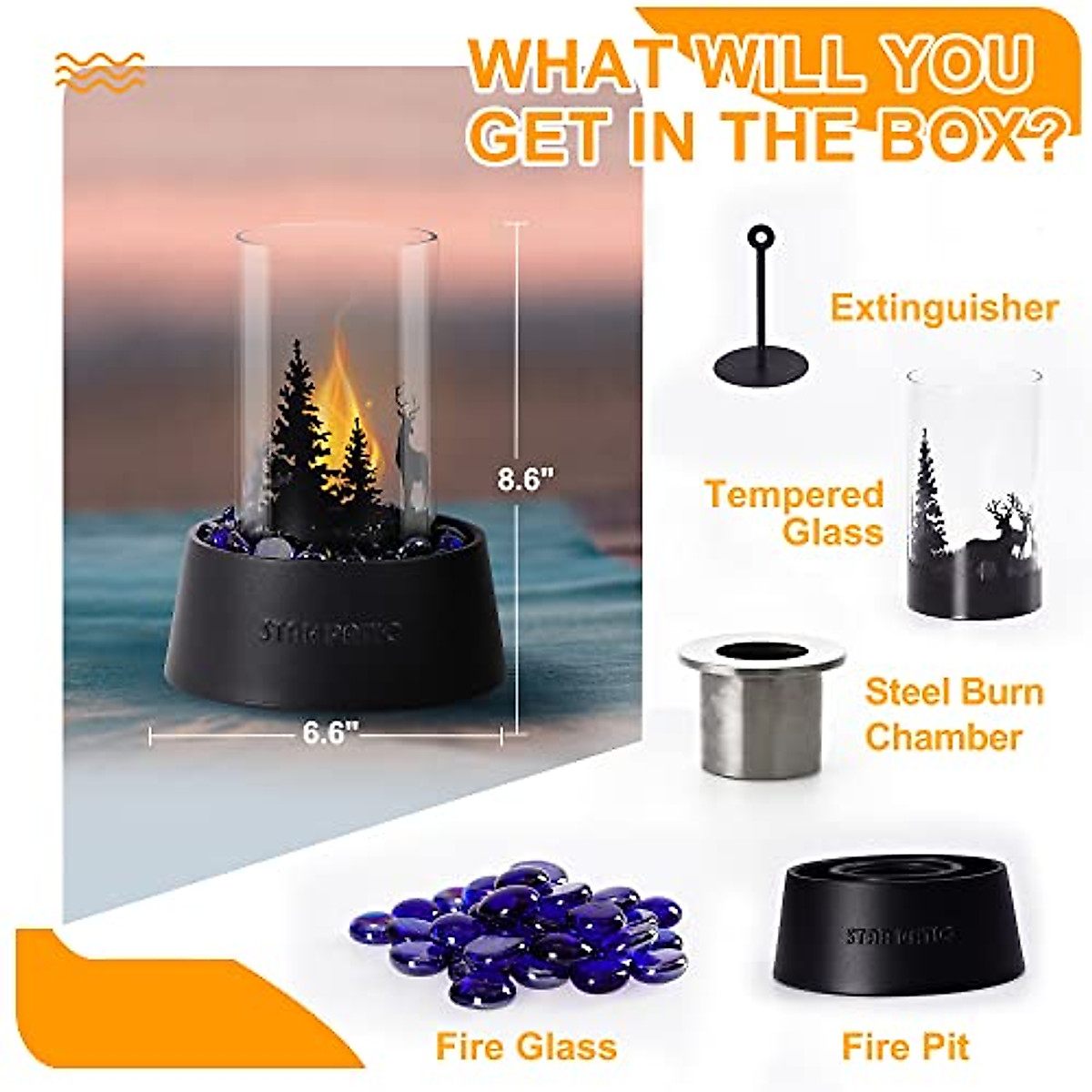 STAR PATIO Tabletop Fire Pit - Fire Bowl with Fire Glass, Ethanol Fire Pit, Unique Design Mini Personal Fireplace for Indoor & Garden - Bio Ethanol Fuel, Decor Birthday Gifts, FB001