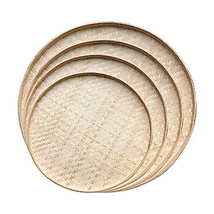Healifty 4 Pcs Handwoven Flat Wicker Round Fruit Basket Woven Food Storage Weaved Shallow Tray Organiser Vegetable Fruit Bowl Kids DIY Drawing Board Wall Basket Decor for Kitchen Table Centerpiece
