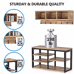 Tribesigns Coat Rack Shoe Bench Set, Hall Tree with Shoe Bench, Industrial Shoe Rack Bench with Coat Rack, 3 Storage Cubbies, 7 Hooks for Entryway, Hallway, 5-in-1Design, Vintage Oak