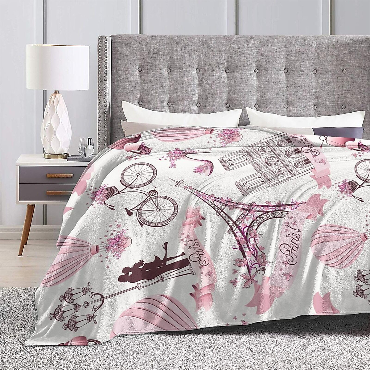 Paris Romantic Pink Blanket, Soft Blankets Flannel Bed Throw Cozy Lightweight Plush Gifts for Women Men Boys Girls Sofa Couch Bedroom Living Rooms Warm All Season, Home Decor, 80"x60"