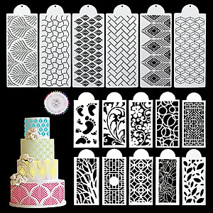 DI QIU REN 16PCS Cake Stencils Decorating Buttercream, 15X5.9 Inch Fondant Stencil for Cake Decoration Lace Cake Stencil & Template, Geometric Icing Stencil Cake Printing Mold Side Baking Mesh Stencil