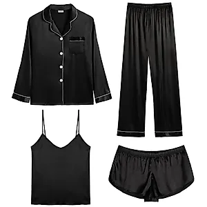 SWOMOG Women Satin Pajamas 4pcs Pajama Set Sexy Cami Shorts Set and Button Down Long Sleeve Pjs Loungewear Sleepwear Black,Small
