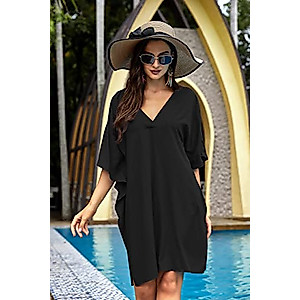 Ekouaer Women's Beach Bikini Cover Up Oversized Swimsuit V-Neck Beachwear Shirt Bathing Suit Coverups Dress,Black