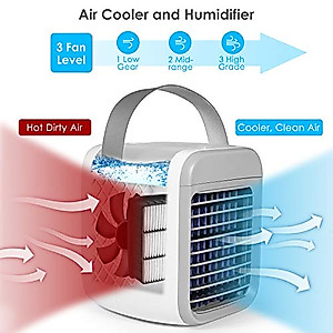 Portable Air Conditioner Fan, Evaporative Personal Air Cooler Humidifier, 3 Speeds, 7 Colors LED Light, Freon Free Ice Cooler Fan with Handle, Misting Fast Cooling Desktop Fan for Room, Office, Study