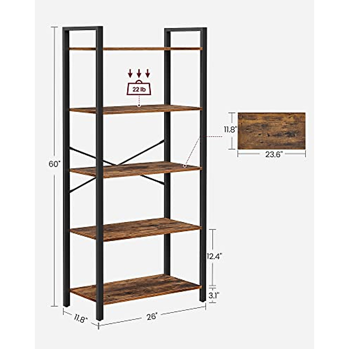 VASAGLE ALINRU Bookshelf, Bookcase, 5-Tier Storage Rack with Steel Frame, for Living Room, Office, Study, Hallway, Industrial Style, Rustic Brown and Black ULLS061B01
