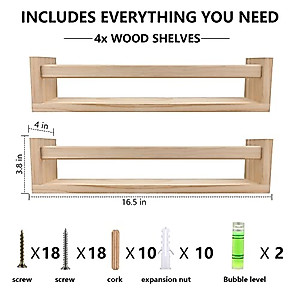 BOMID Wall Bookshelves,Set of 4 Natural Wood Floating Bookshelf,Nursery Shelves,Floating Book Shelves for Wall(Burlywood)