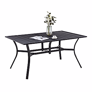 VICLLAX Outdoor Patio Table for 6 Person, 59" x 38" Rectangle Outdoor Dining Table, Patio Metal Steel Slat Table with Umbrella Hole for Lawn Garden