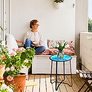 LIFFY Outdoor Side Table, 14" Weather Resistant Metal & Glass Patio Accent Side Table, Indoor Home Decorative End Table, Plant Stands Table Outside, for Yard Balcon Garden Bedside (Blue Jellyfish)