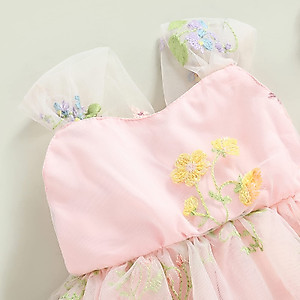 Infant Baby Girl Summer Fairy Romper Dress Adjustable Straps Backless Floral Embroidery Birthday Tutu Dress (Pink, 0-6 Months)