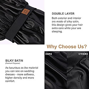 Hat Hut Satin Bonnet Silk Bonnet Sleep Cap for Women Hair Bonnet for Curly Natural Hair Sleeping Adjustable Wide Band Double Layer (Black)