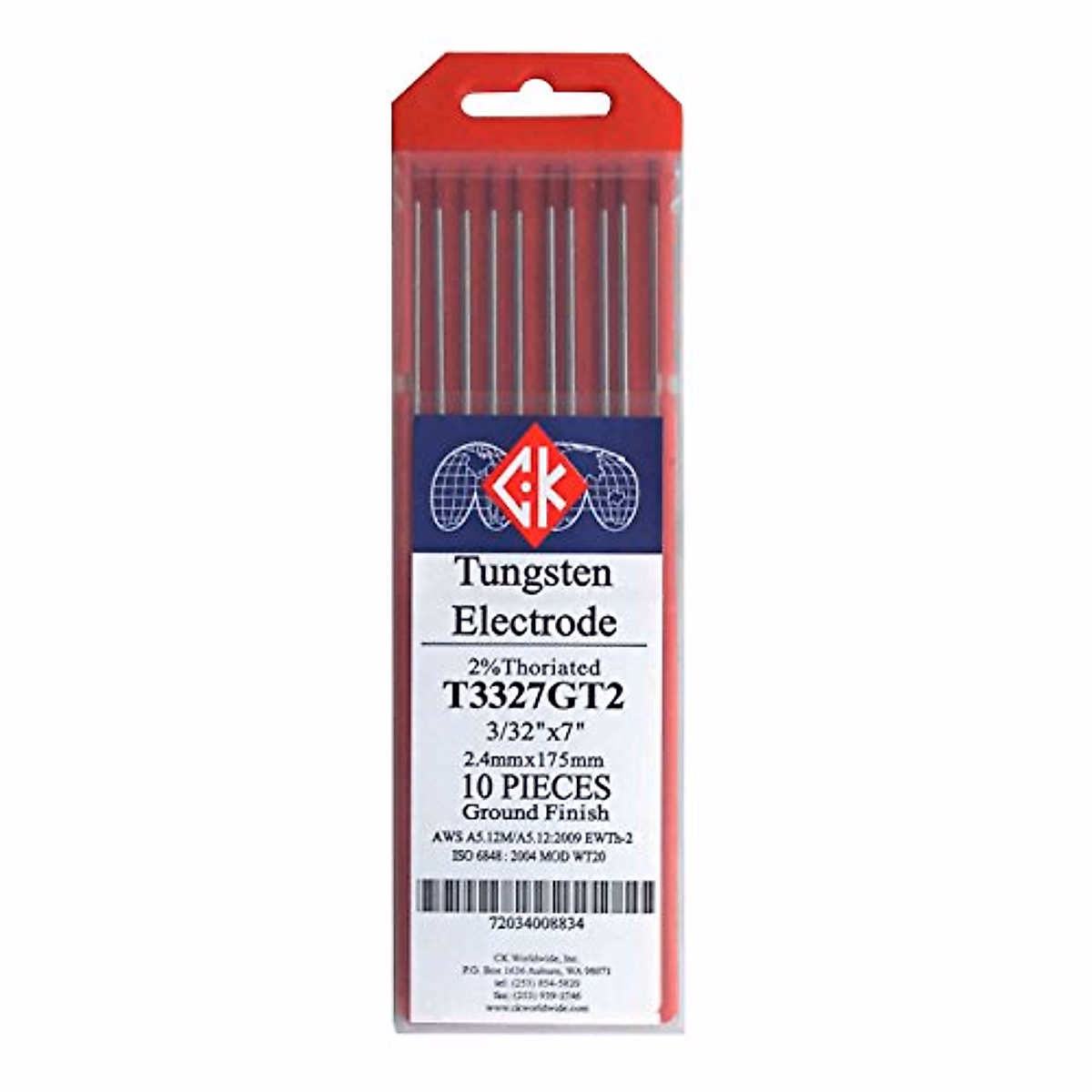 CK T3327GT2 2% Thoriated Tungsten Electrode 3/32" X 7", 10 pack