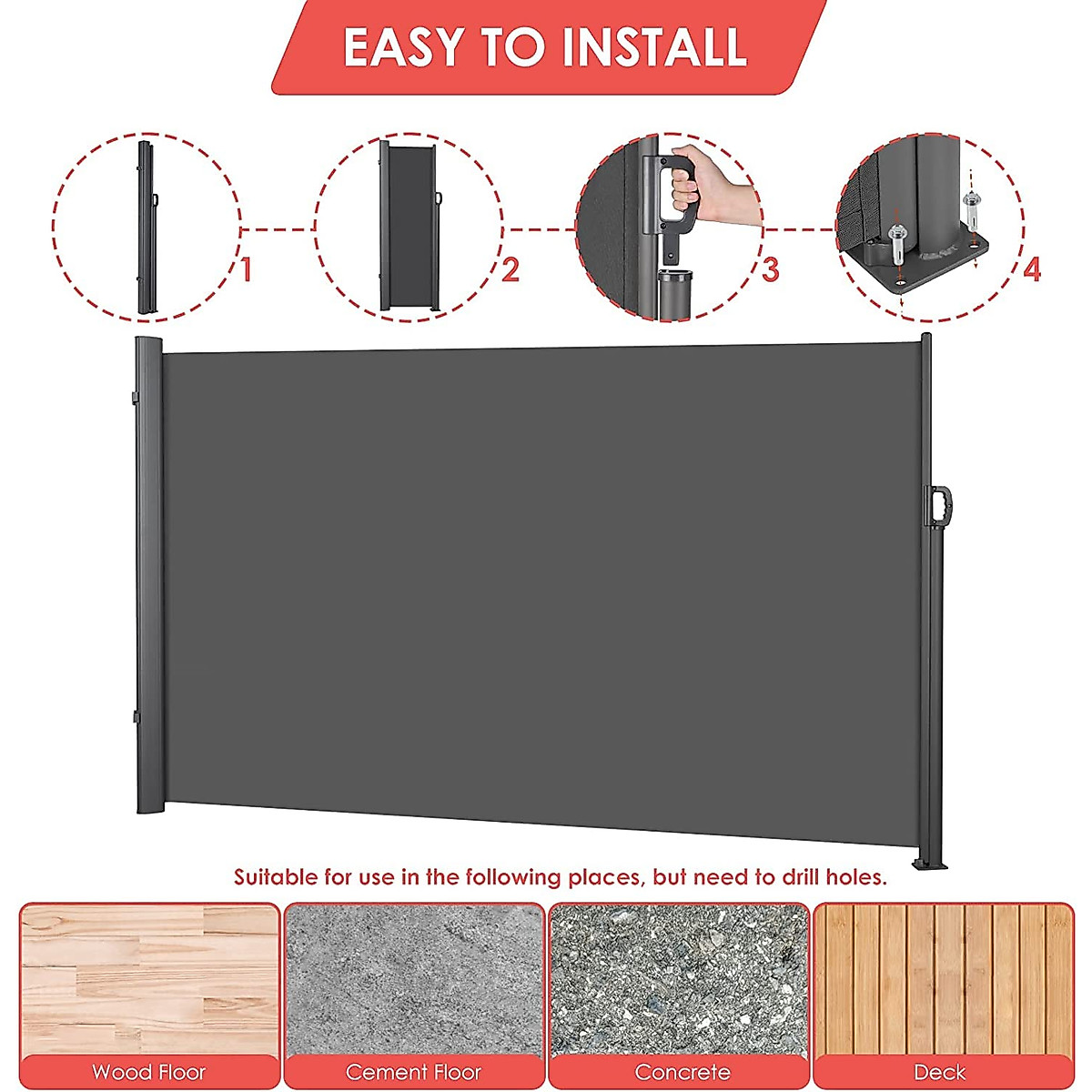 Retractable Side Screen Awning, UV Resistant, Waterproof, Patio Privacy Screen for Garden, Balcony, Courtyard(Dark Grey), 118.1" x 70.9"