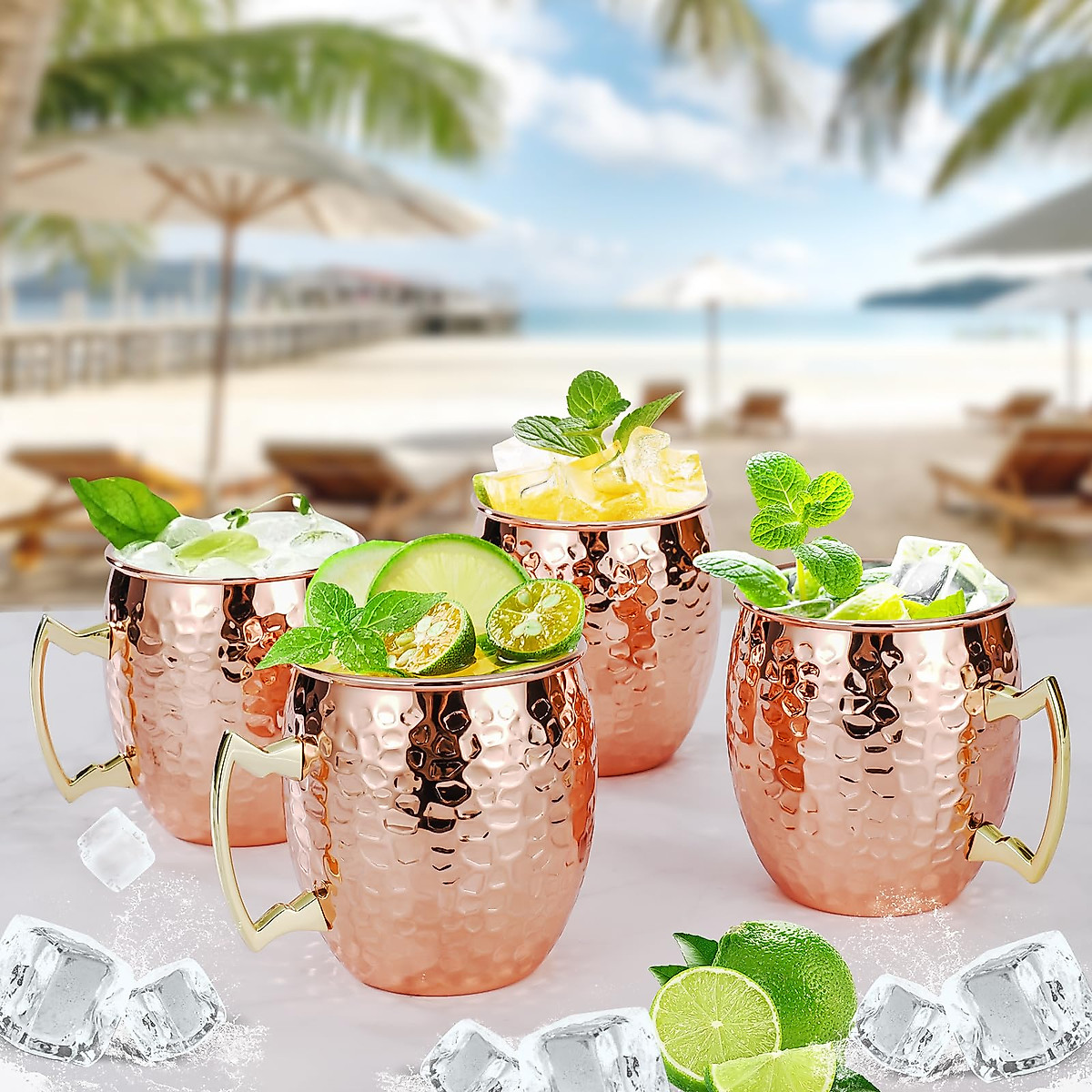 Amrules Moscow Mule Mugs Set of 4, 16 oz Hammered Copper Cups with 304 Stainless Steel Lining and Gold Brass Handles, Perfect for Cold Drinks, Beer, Wine, Bars, Parties, Gifts