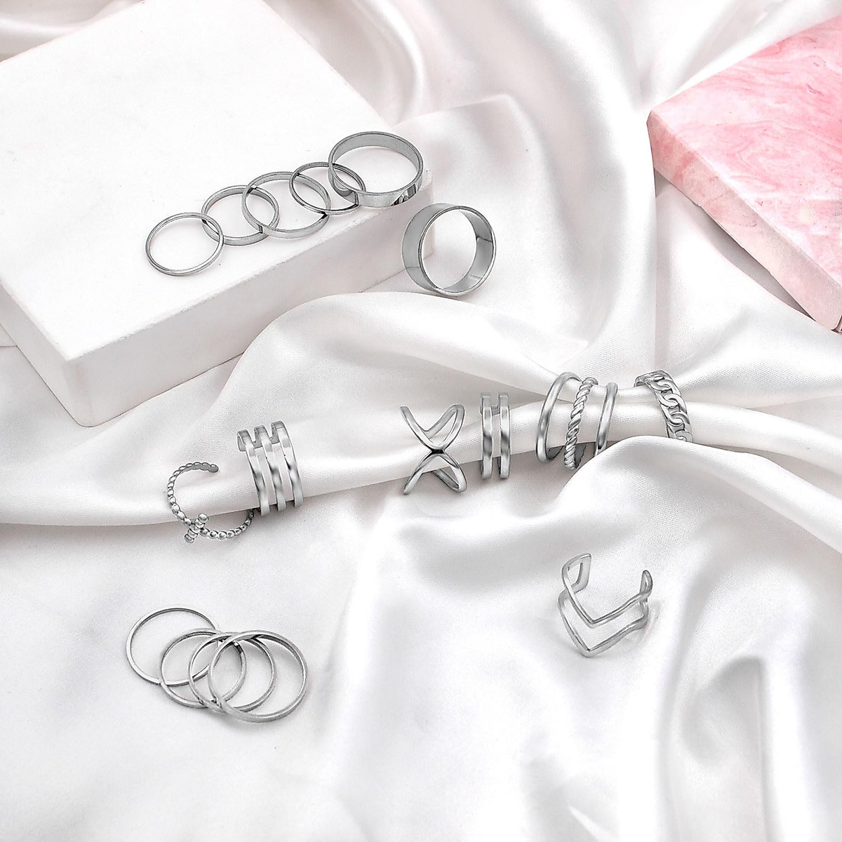 yfstyle Knuckle Rings for Women Stainless Steel Rings Set Stackable Finger Rings Silver Knuckle Rings for Women Stackable Rings Sets Adjustable Knuckle Stackable Rings Midi Ring Set for Women-17pcs