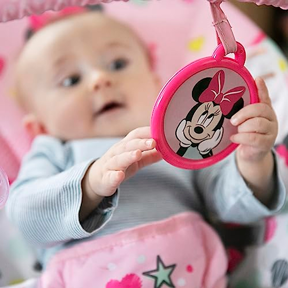 Disney Baby MINNIE MOUSE Baby Bouncer Soothing Vibrations Plush Infant Seat - Removable Toy Bar, Nonslip Feet, 0-6 Months Up to 20 lbs (Spotty Dotty)