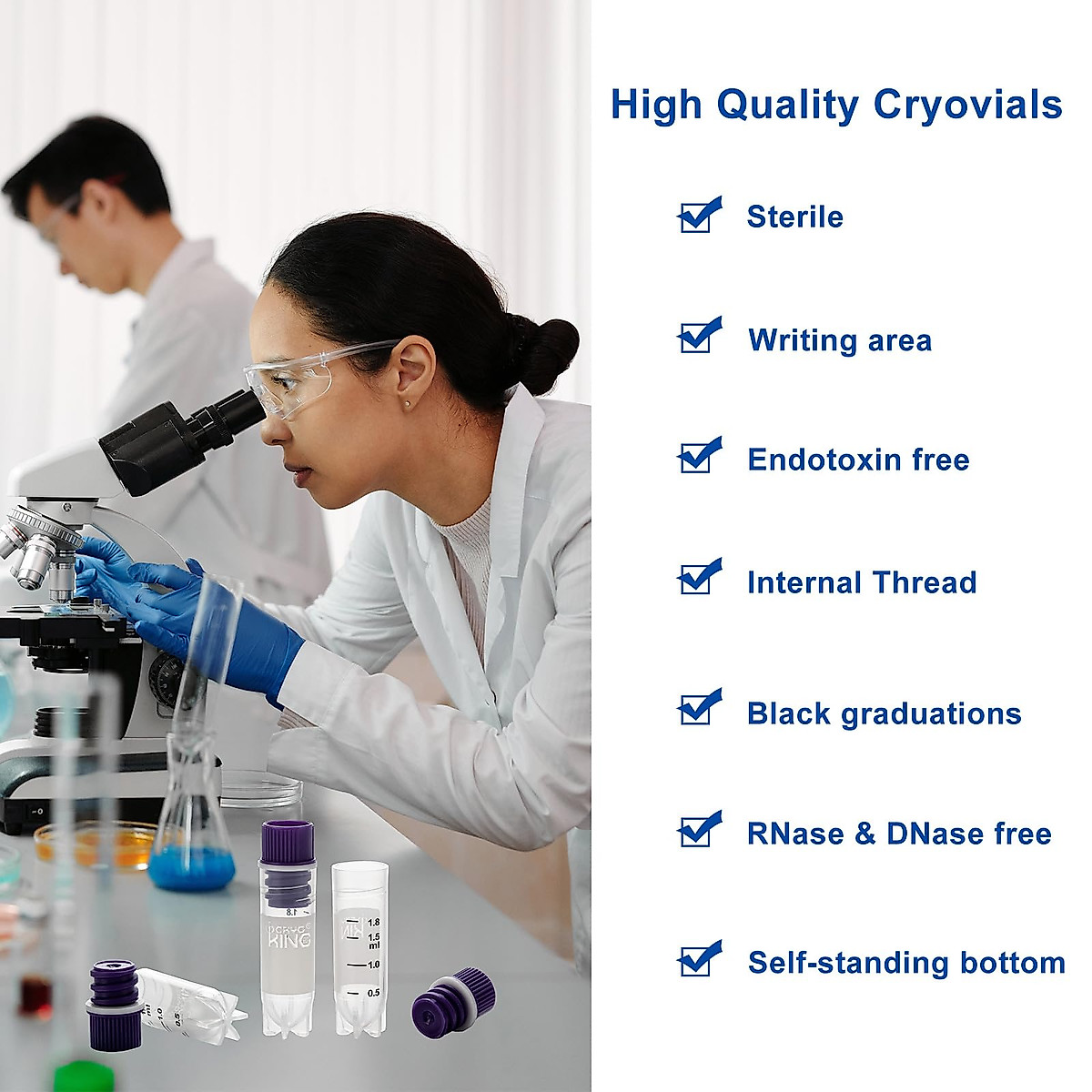 CryoKING 2.0ml Cryovial, Purple Vials, PP Tubes with Internal Thread, Tubes with Self-Standing Bottom, Lab vials with Caps for Sample Storage, 25 Pcs/Bag