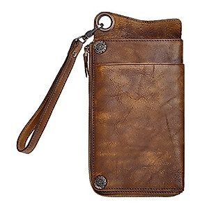 ZLYC Vintage Handmade Dip-dye Leather Wallet Card Holder Long Clutch with Detachable Wristlet (Brown)