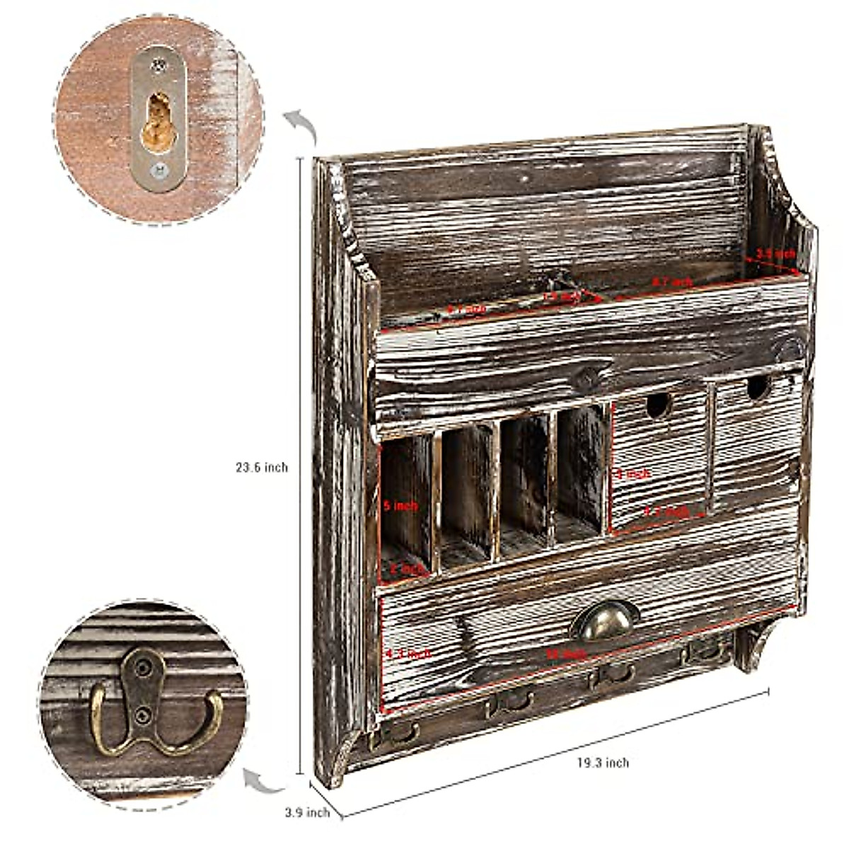 MyGift Torched Wood Entryway Wall Organizer with Mail Holder Organizer, Accessories Storage Compartments, Pull Out Drawers and Dual Key Hooks