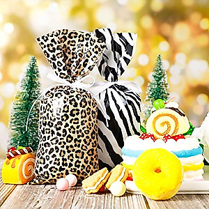 100 Pieces Leopard and Zebra Print Cellophane Bags Animal Print Party Supplies Bags Sealable Treat Bags with a Roll of White Ribbon for Chocolate Candy Snacks Cookies Zoo or Jungle Party