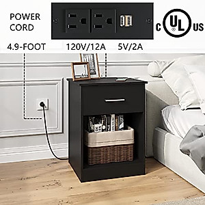Reettic Set of 2 Nightstand with Charging Station and USB Ports & Power Outlets, Wooden End Table with Drawer and Opening Shelf, Side Table for Bedroom, Black RCTG101BE02