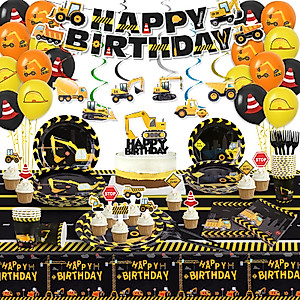 171Pcs Construction Birthday Party Supplies Include Dump Truck Banners, Hanging Swirls, Balloons, Plates, Paper Cups, Napkins, Forks, Cake Toppers, Tablecloth, Construction Party Set for 24 Guests