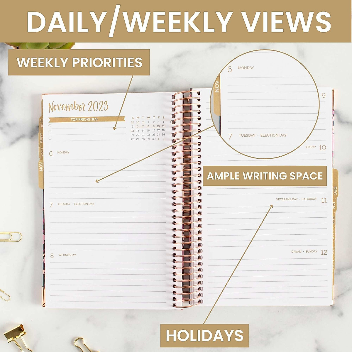 HARDCOVER bloom daily planners 2023-2024 Academic Year Day Planner (July 2023 - July 2024) - Passion/Goal Organizer - Monthly & Weekly Inspirational Agenda Book - 5.5" x 8.25" - Gold Bees